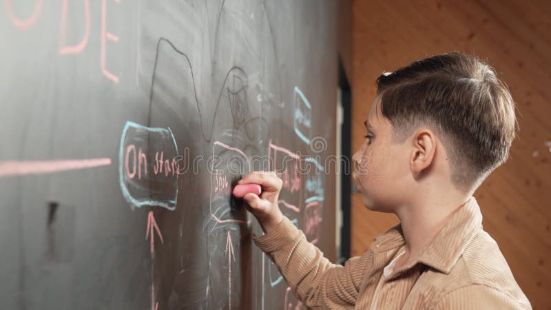 Panorama Shot of Smart Boy Writing Engineering Prompt on Blackboard ...