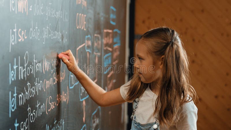 Panorama Shot of Smart Girl Writing Engineering Prompt on Blackboard ...