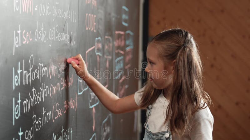 Panorama Shot of Smart Girl Writing Engineering Prompt on Blackboard ...