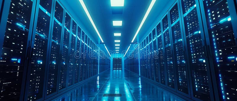 Panorama Shot of a Working Data Center with Rows of Rack Servers. a ...