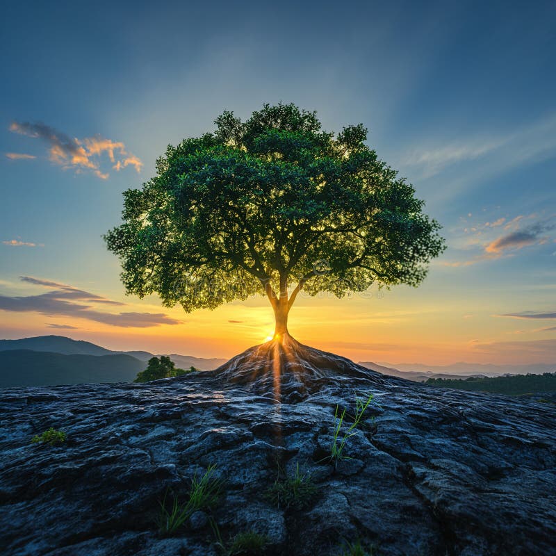 Panorama Single Tree Growing with Sunrise. Stock Image - Image of alone ...