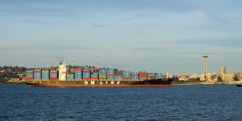 Panorama of SM Line Container Ship Passing Seattle Space Needle ...