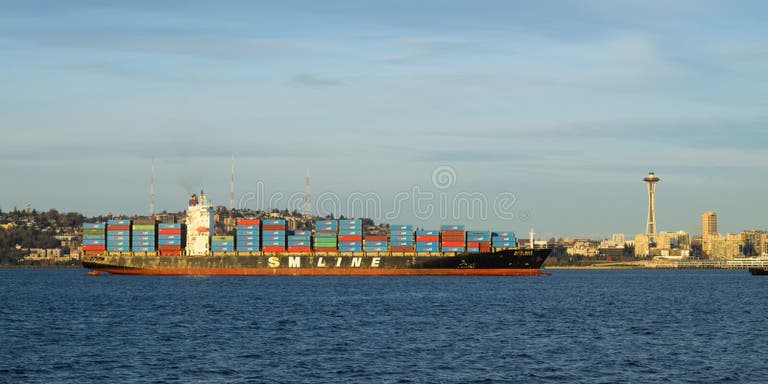 Panorama of SM Line Container Ship Passing Seattle Space Needle ...
