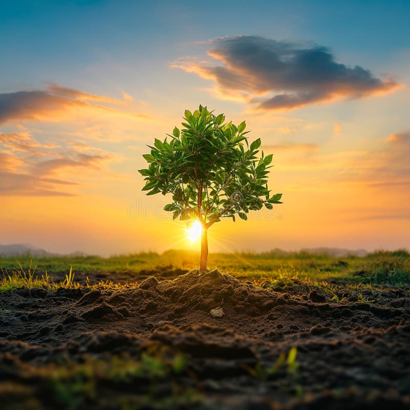 Panorama Small Tree Growing with Sunrise for Nature Background. Stock ...