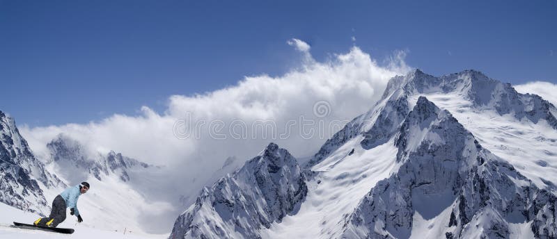 Panorama Snow Mountains with Snowboarder Stock Image - Image of ...