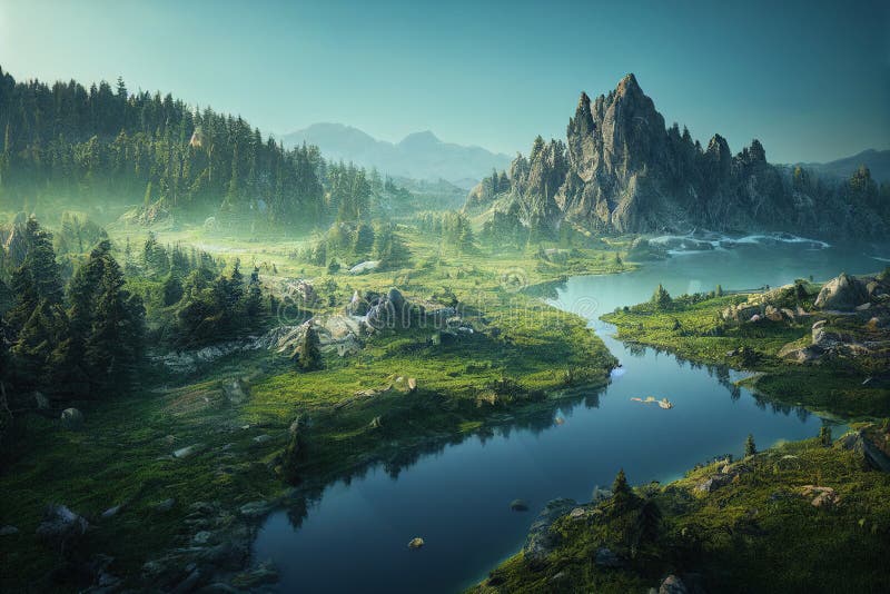 Panorama of Splendid Natural Landscape of Green Field and Hills with a ...