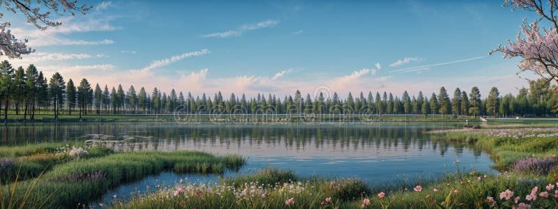 Panorama of Spring Lake and Forest Wetland. AI Generated Stock ...