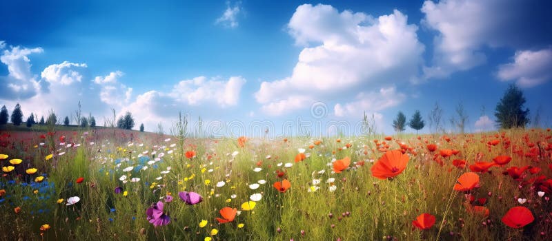 Panorama of Spring Meadows Fields with Blooming Flowers in Summer Under ...