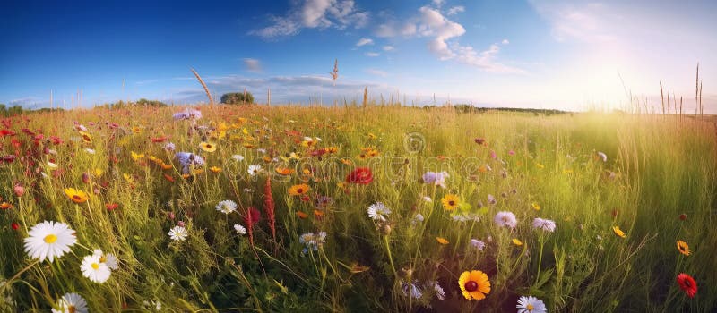 Panorama of Spring Meadows Fields with Blooming Flowers in Summer Under ...