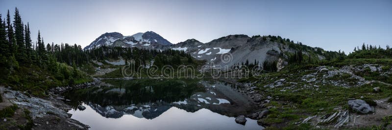 Panorama of St. Andrews Lake with Mount Rainier Towering Stock Photo ...