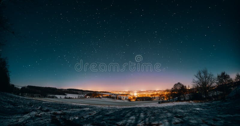 Panorama of the Starry Night Sky with the Light of the City on the ...