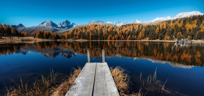 Panorama of Staz Lake Near St. Moritz in Autumn with Reflections Stock ...