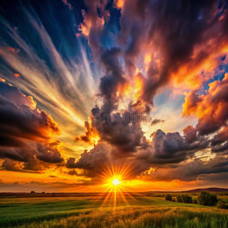 Panorama Sunset with Dramatic Sky and Sunlight Stock Illustration ...