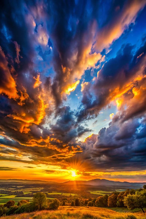 Panorama Sunset with Dramatic Sky and Sunlight Stock Illustration ...