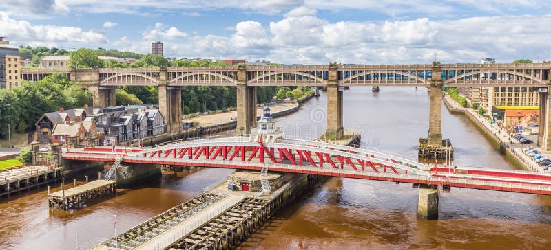 Panorama of the Swing Bridge and High Level Bridge in Newcastle upon ...