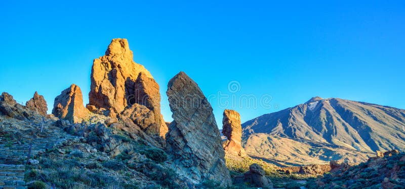 Panorama with Teide Mountain and Garcia Rock at Sunset Stock Image ...