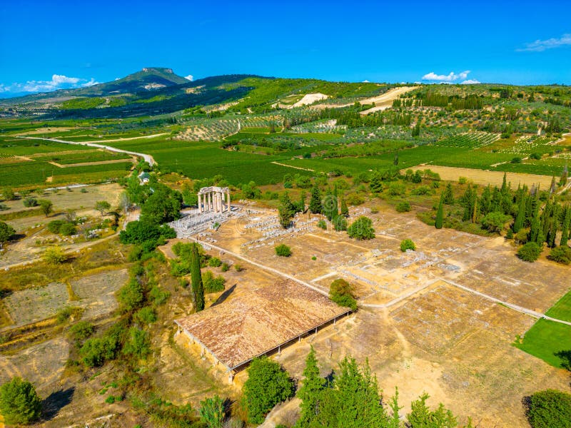 Panorama of Temple of Zeus at Ancient Nemea Complex in Greece Stock ...