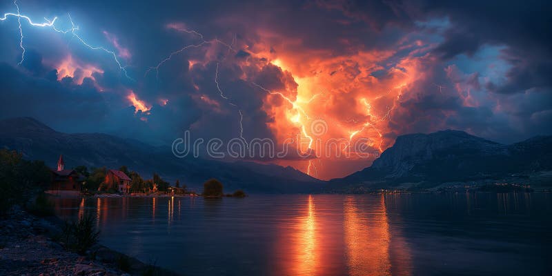 Panorama with Thunderstorms and Thunderbolt Lightning in Night Sky in ...