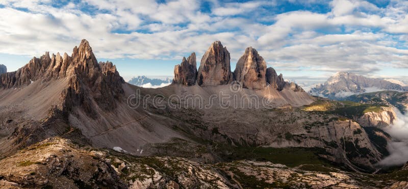 Panorama of Tre Cime and Monte Paterno Stock Image - Image of mountain ...