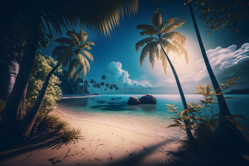 Panorama of Tropical Beach with Coconut Palm Trees. Neural Network AI ...