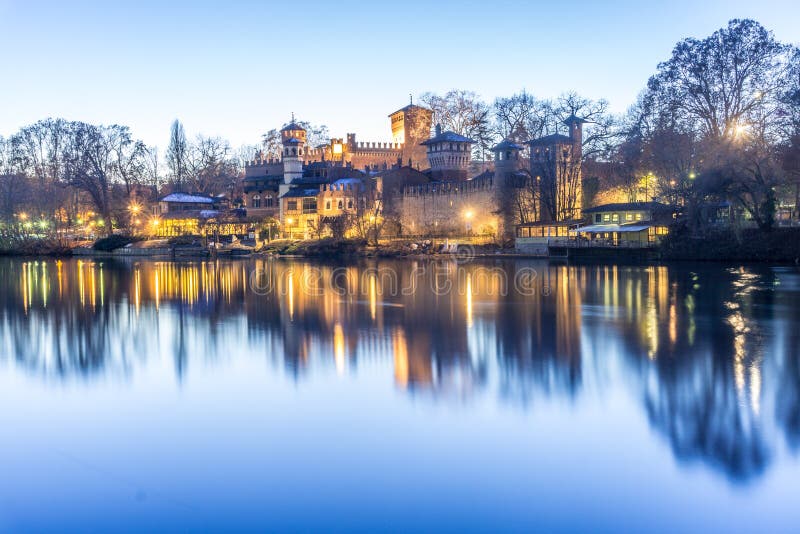 Castle at the Park of Valentino in Turin. Panorama of Turin at Blue ...