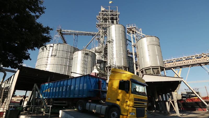 Panorama of Unloading Grain Trucks at Elevator on Elevating Hydraulic ...