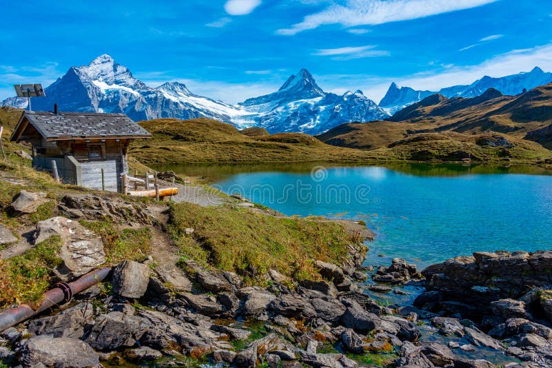 Panorama View of Bachsee in Swiss Alps Stock Photo - Image of ...
