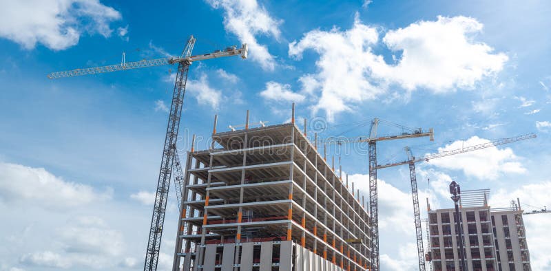 Panorama View Concrete Building and Working Crane Under Construction ...