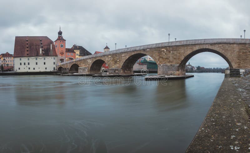 Panorama View from Danube and Stone Bridge in Regensburg Stock Image ...