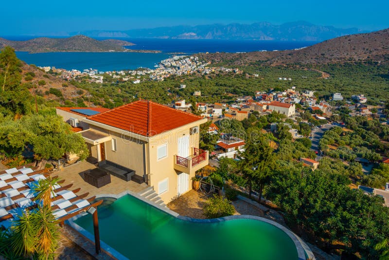 Panorama View of Elounda Town at Crete, Greece Stock Photo - Image of ...