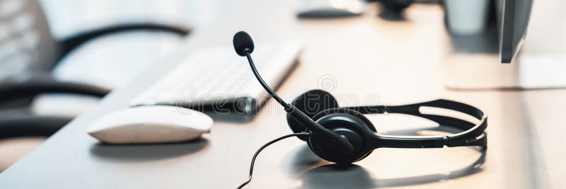 Panorama View of Empty Call Center Operator Workspace Focus on Headset ...