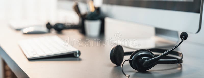Panorama View of Empty Call Center Operator Workspace Focus on Headset ...