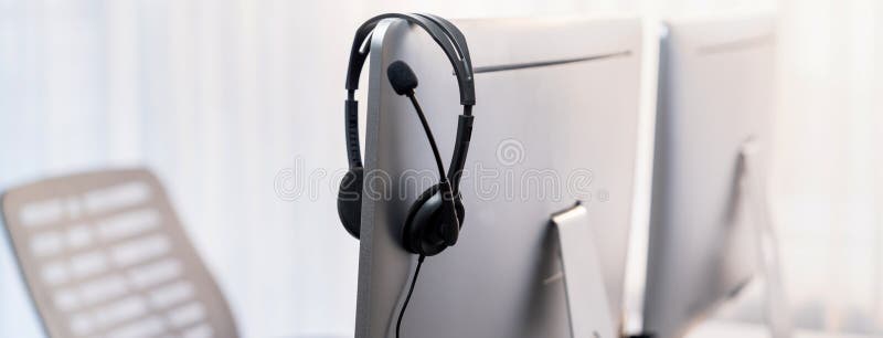Panorama View of Empty Call Center Operator Workspace Focus on Headset ...