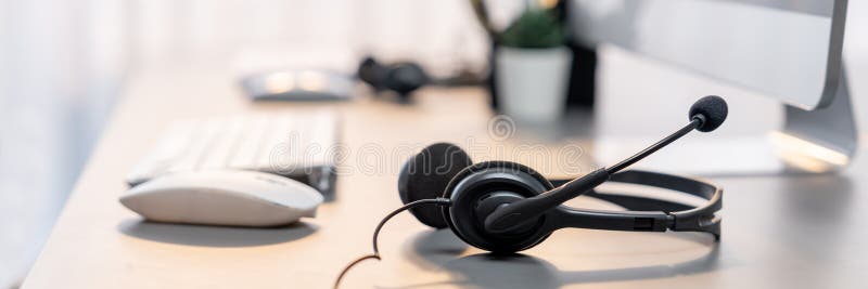 Panorama View of Empty Call Center Operator Workspace Focus on Headset ...