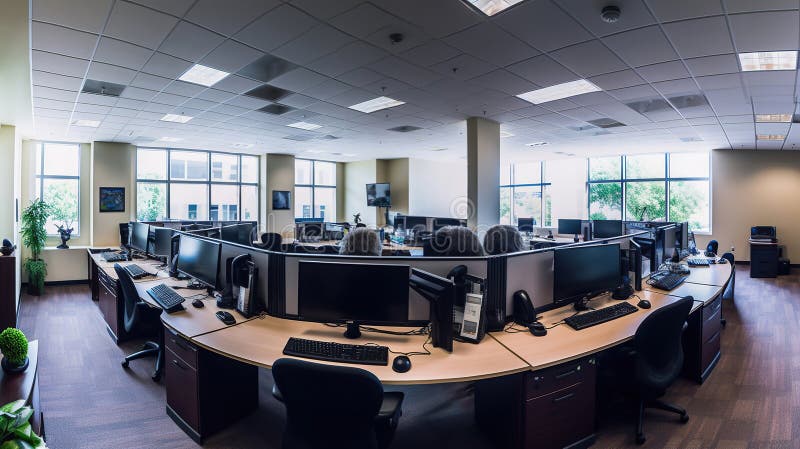 Panorama View of an Empty Call Center Operator Workspace. Generative AI ...