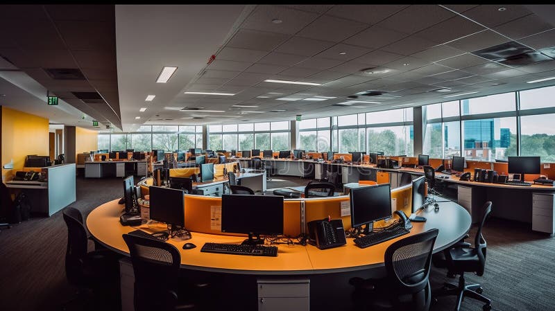 Panorama View of Empty Call Center Operator Workspace. Generative AI ...