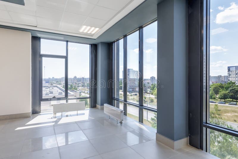 Panorama View in Empty Modern Hall with Columns, Doors and Panoramic ...