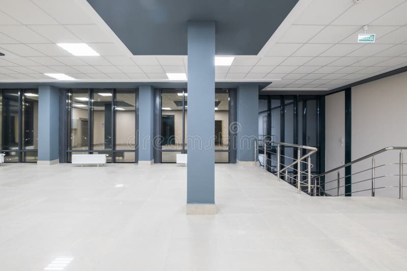 Panorama View in Empty Modern Hall with Columns, Doors and Panoramic ...