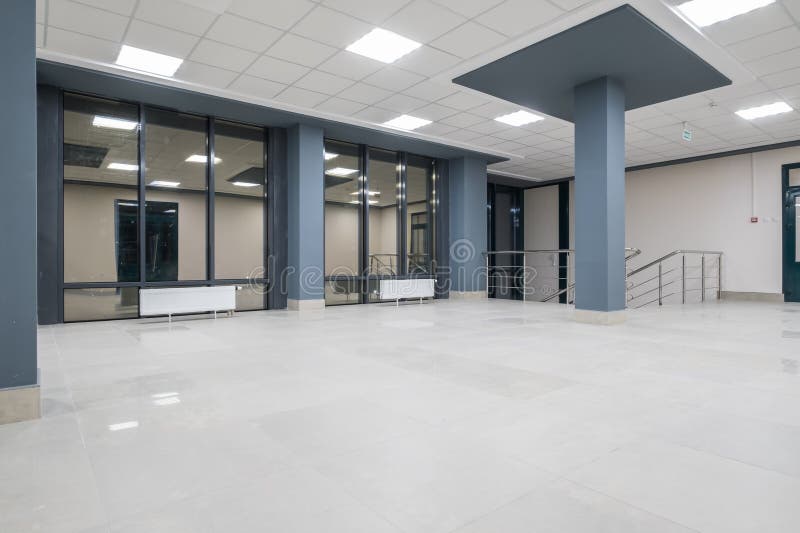 Panorama View in Empty Modern Hall with Columns, Doors and Panoramic ...