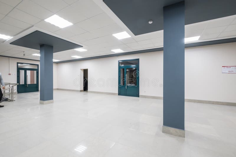 Panorama View in Empty Modern Hall with Columns, Doors and Panoramic ...