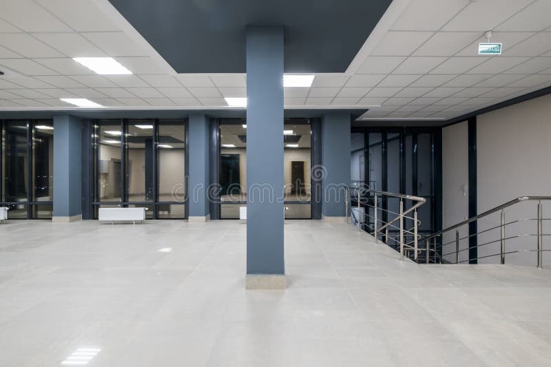 Empty Modern Hall Room with Columns, Doors and Panoramic Windows Stock ...