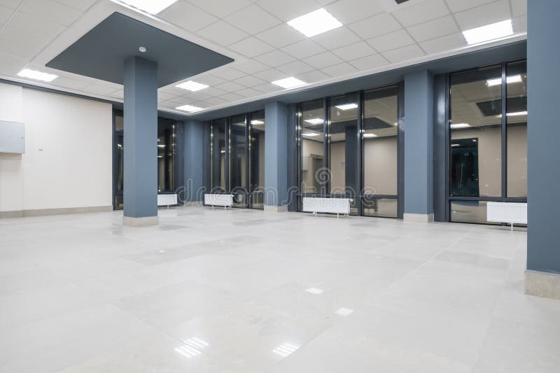 Empty Modern Hall Room with Columns, Doors and Panoramic Windows Stock ...