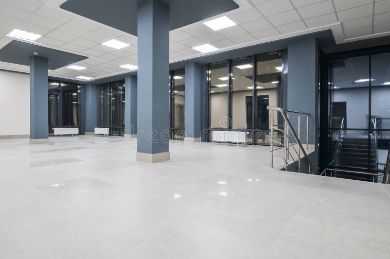 Empty Modern Hall Room with Columns, Doors and Panoramic Windows Stock ...