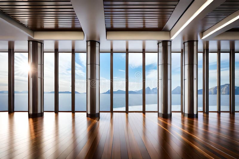 Panorama View in Empty Modern Hall with Columns, Doors and Panoramic ...