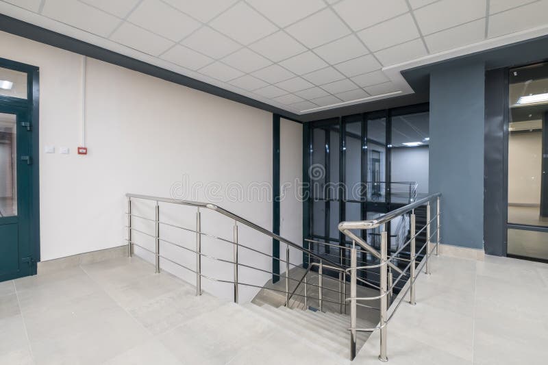 Panorama View in Empty Modern Office Hall with Columns, Doors, Stairs ...