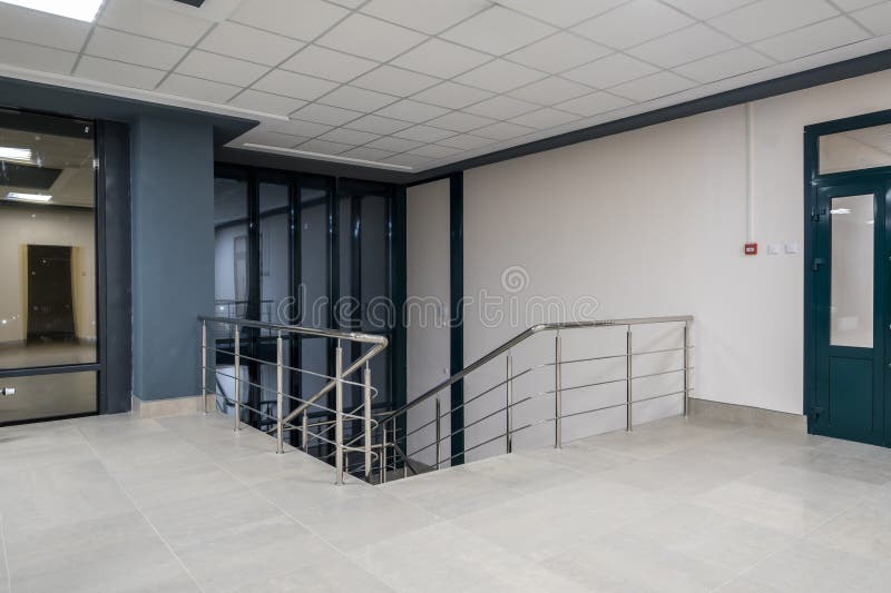 Panorama View in Empty Modern Office Hall with Columns, Doors, Stairs ...