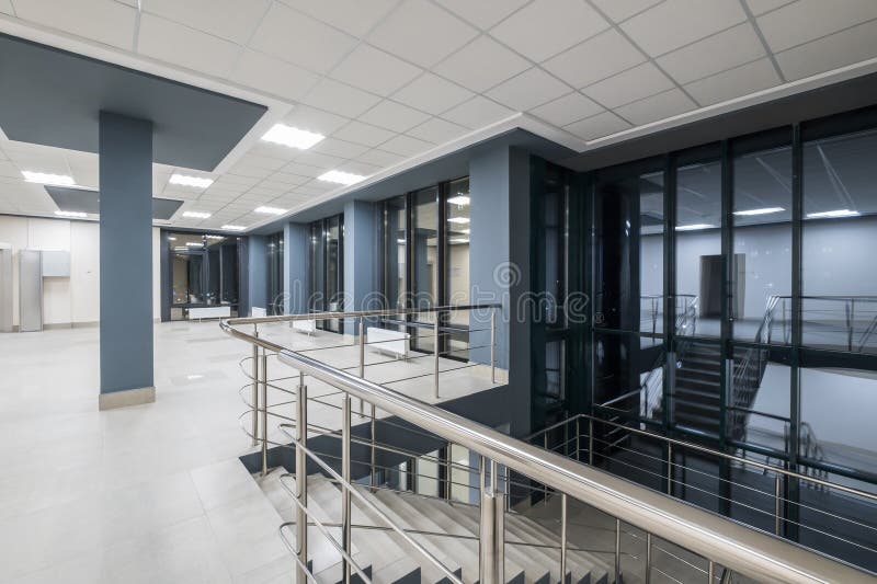 Panorama View in Empty Modern Office Hall with Columns, Doors, Stairs ...