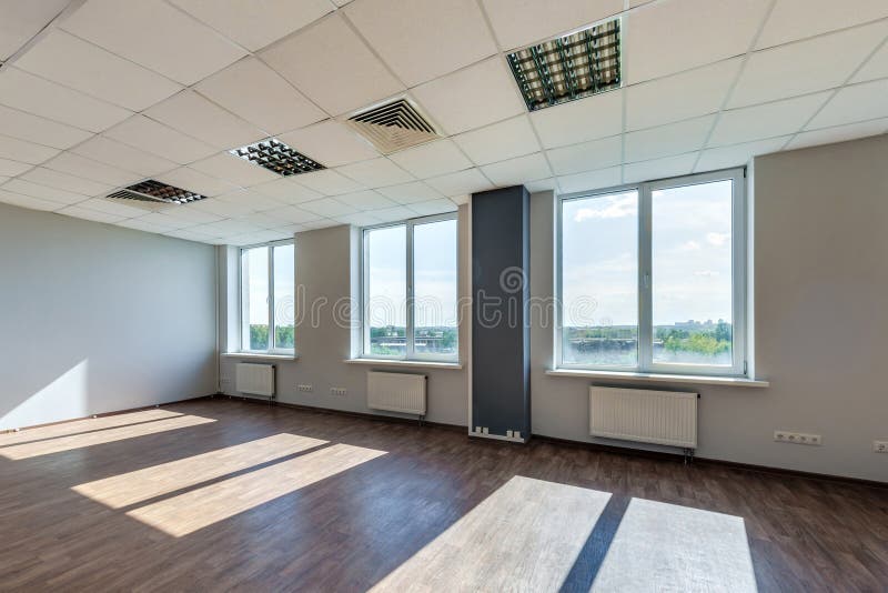 Panorama View in Empty Modern Office Hall with Sunlight in Windows ...
