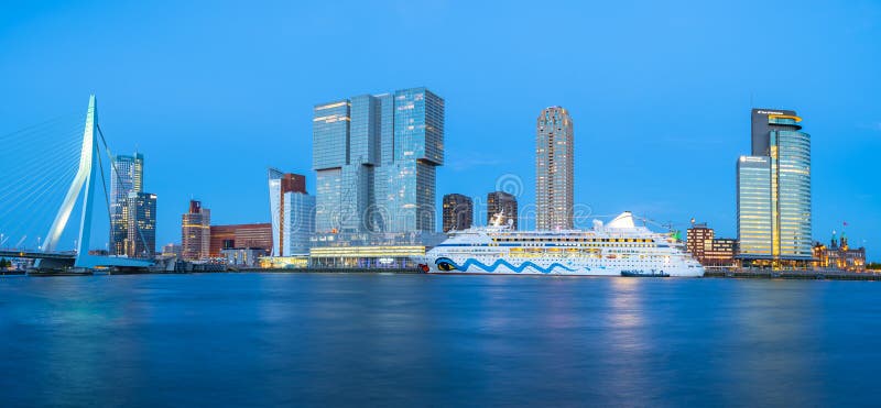 Panorama View of Erasmus Bridge and Rotterdam Skyline at Night in ...
