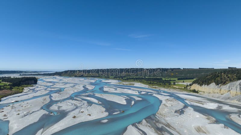 Panorama View of Rakaia River Lagoon Valley and Blue Sky Background ...